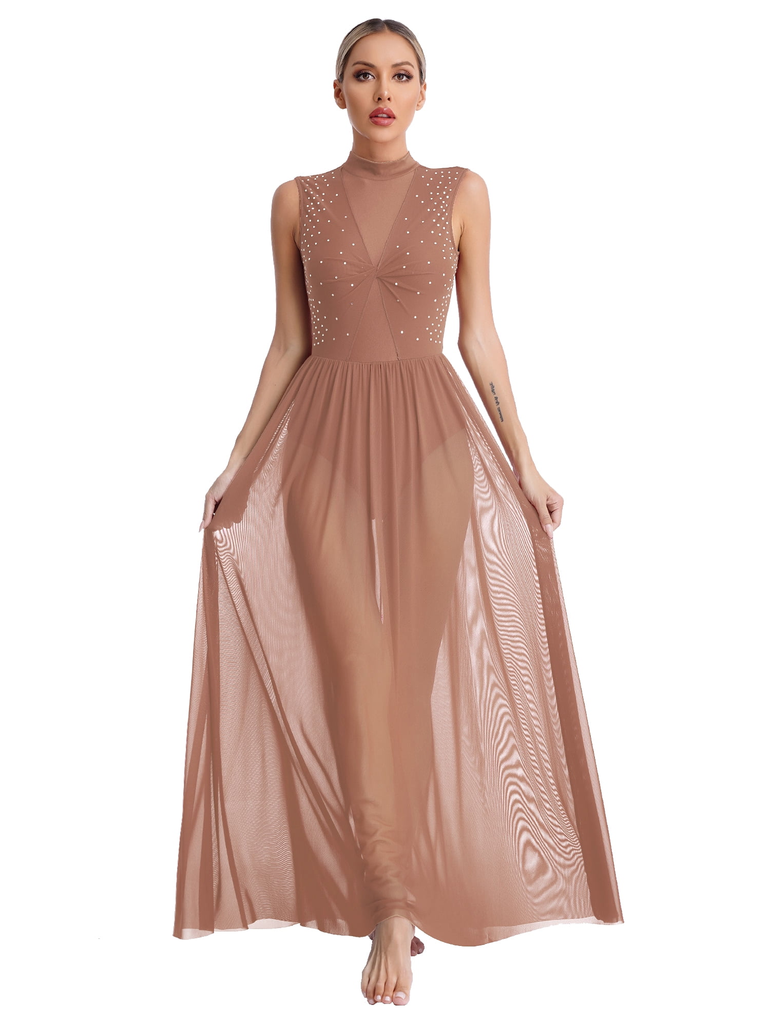 Yanarno Womens Shiny Rhinestone Lyrical Dance Dress Sleeveless Sheer ...