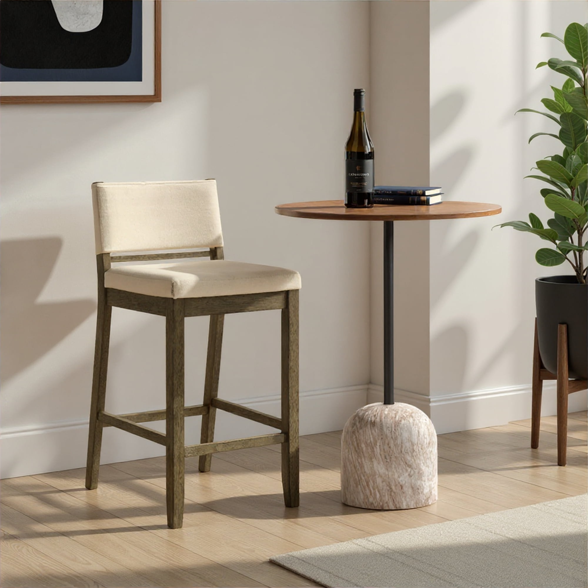 Yaneli Contemporary Natural Wood Bar Height Kitchen Bar Stool in Putty ...