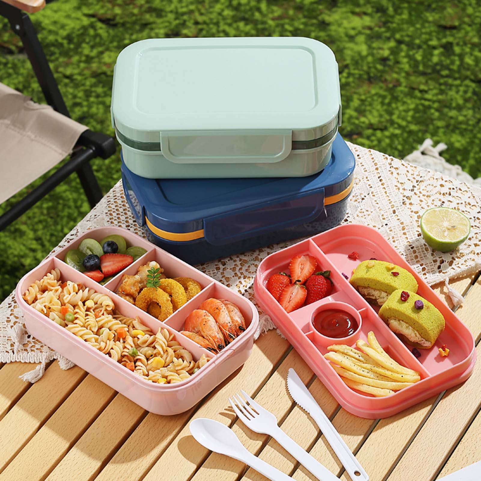 Yanerim 2000ML Double Layers Lunch Box with Spoon Fork Cutter Airtight ...