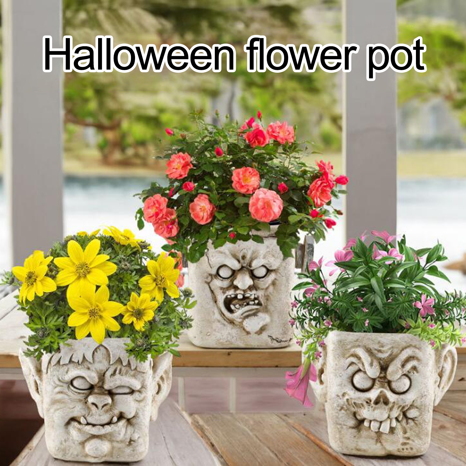Yanerim Halloween Face Planter Pot 3D Spooky Head Resin Figurine ...
