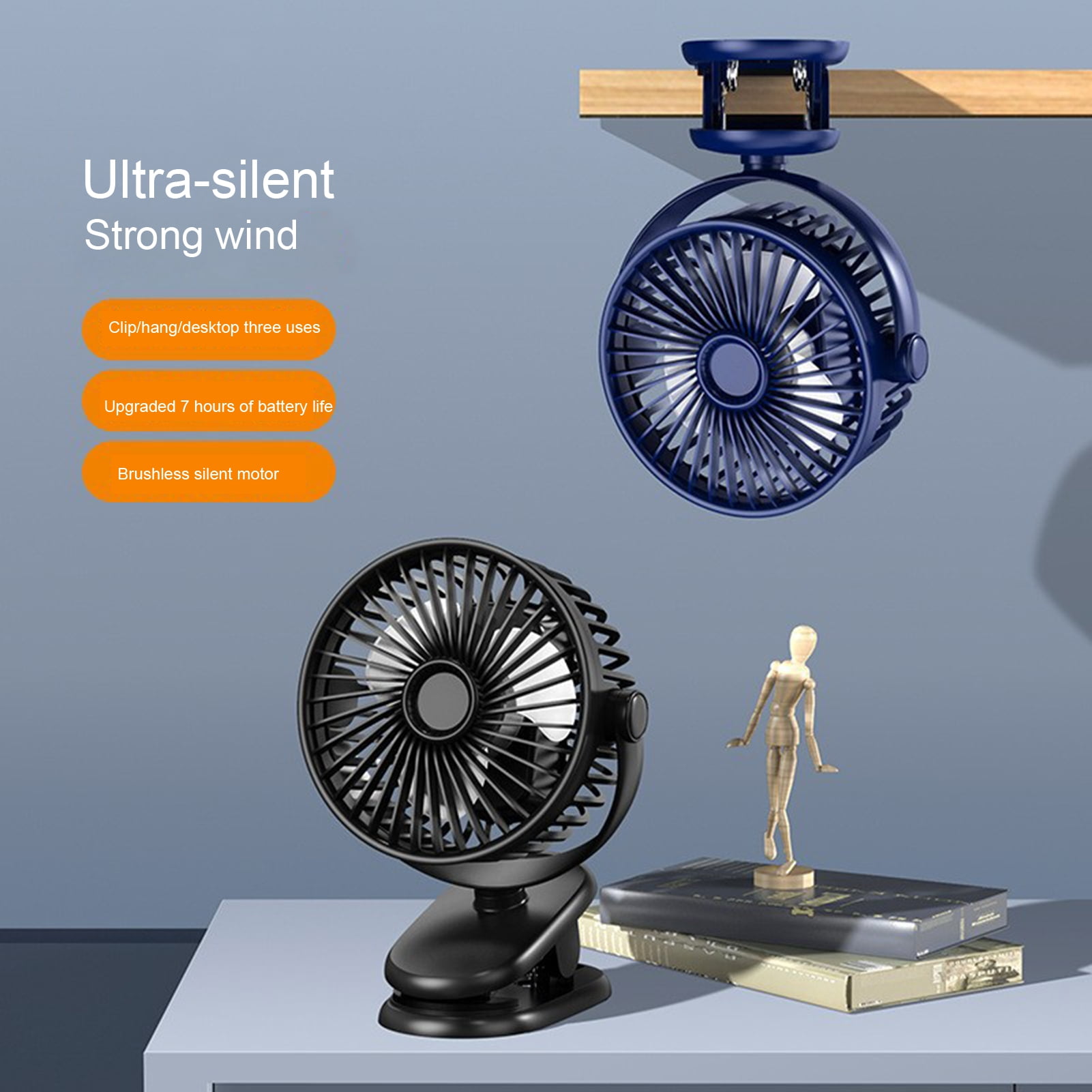 Yanerim Mini Clip Fan No Noise USB Rechargeable Strong Wind 360 Degree ...