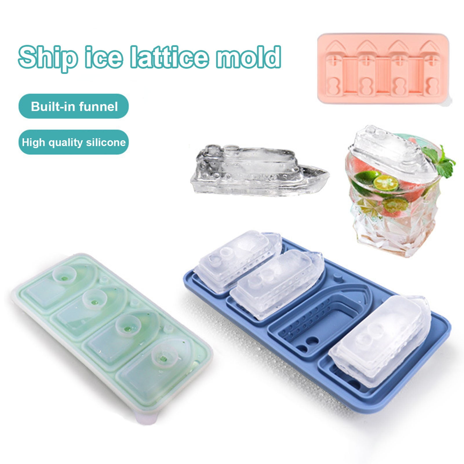 Yanerim Ship Silicone Ice Cube Tray with Funnel Lid 4 Cavities Food ...