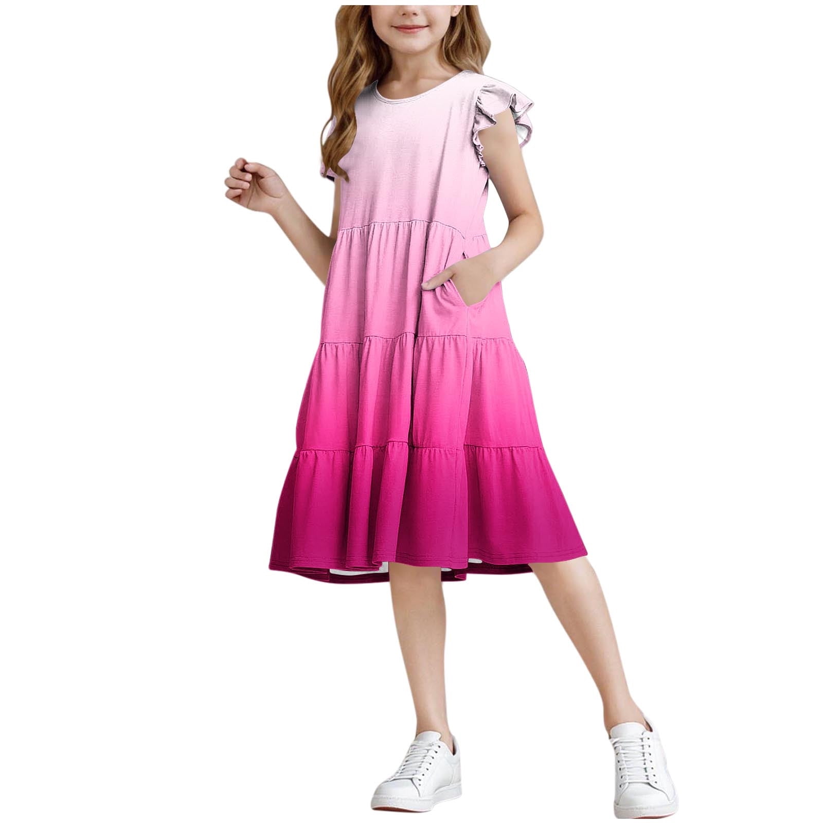 YangJinLian Girls Summer Dresses Flutter Sleeve Tiered Flowy A-Line ...