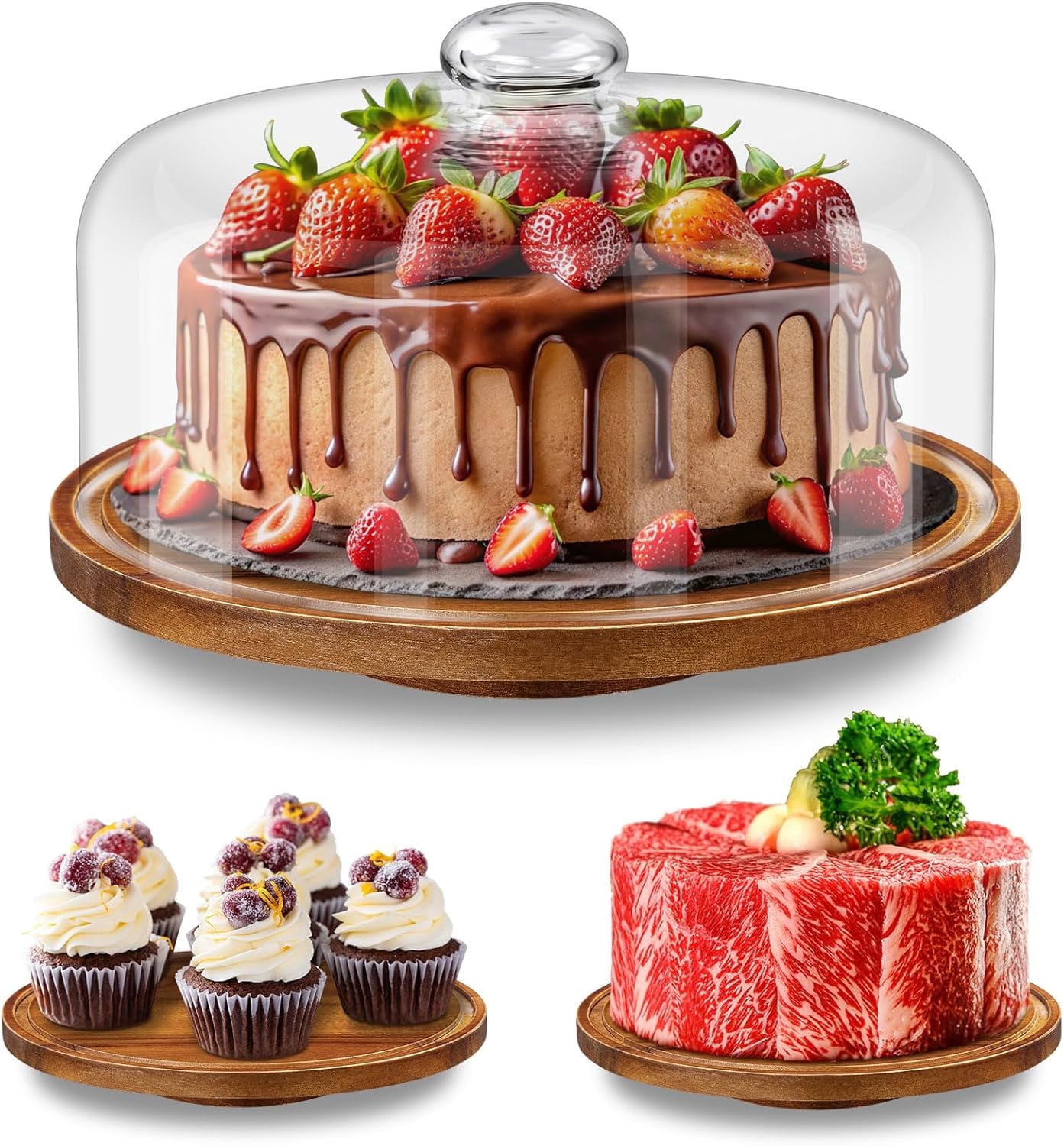 Yangbaga 11IN Wood Cake Stand with Dome Lid, Rotating Cake Stand with ...