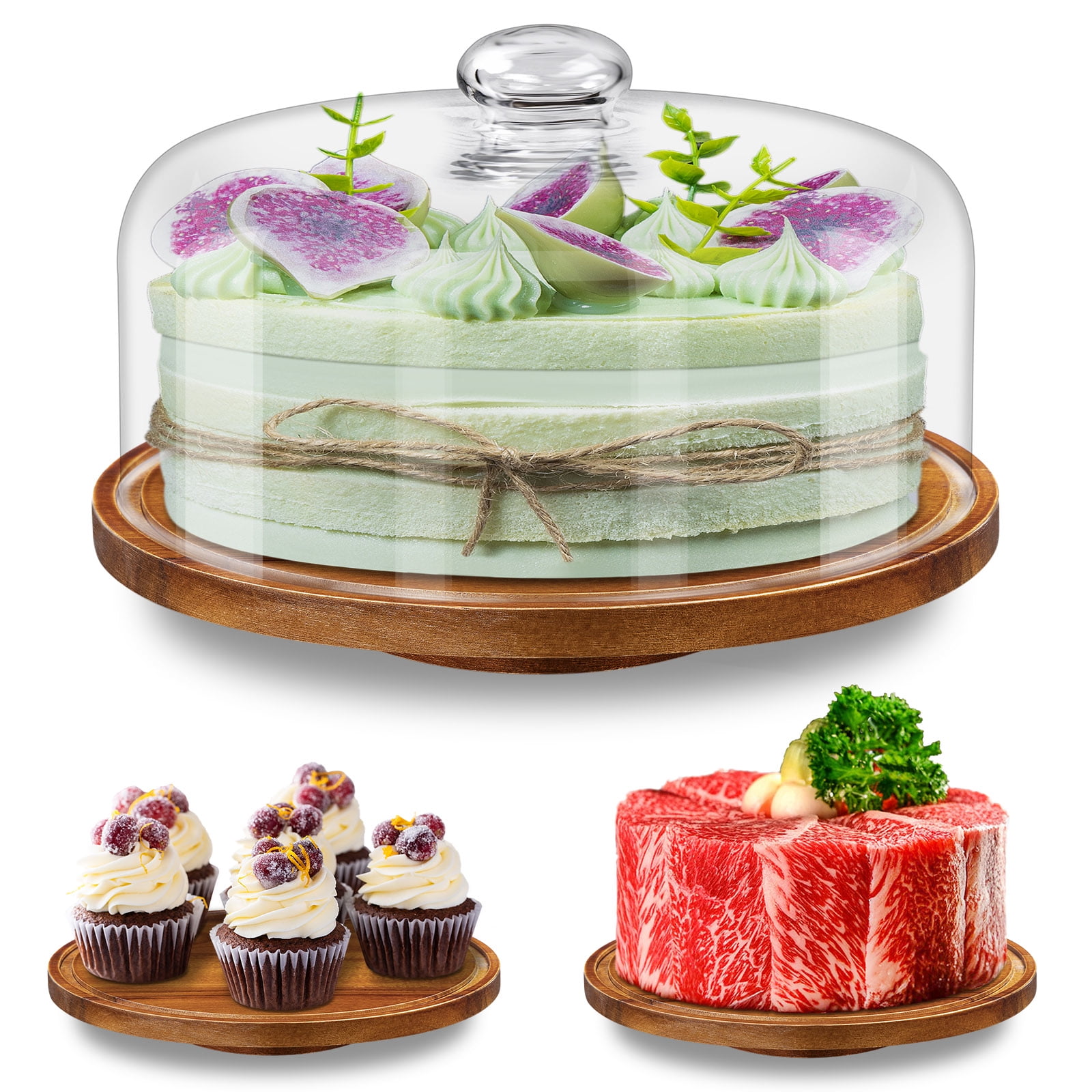 Yangbaga 11IN Wood Cake Stand with Dome Lid, Rotating Cake Stand with ...