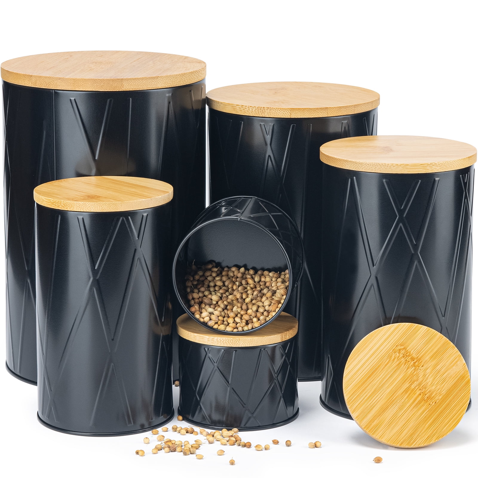 Yangbaga Black Metal Canister Sets for Kitchen Counter, Bamboo Lids ...