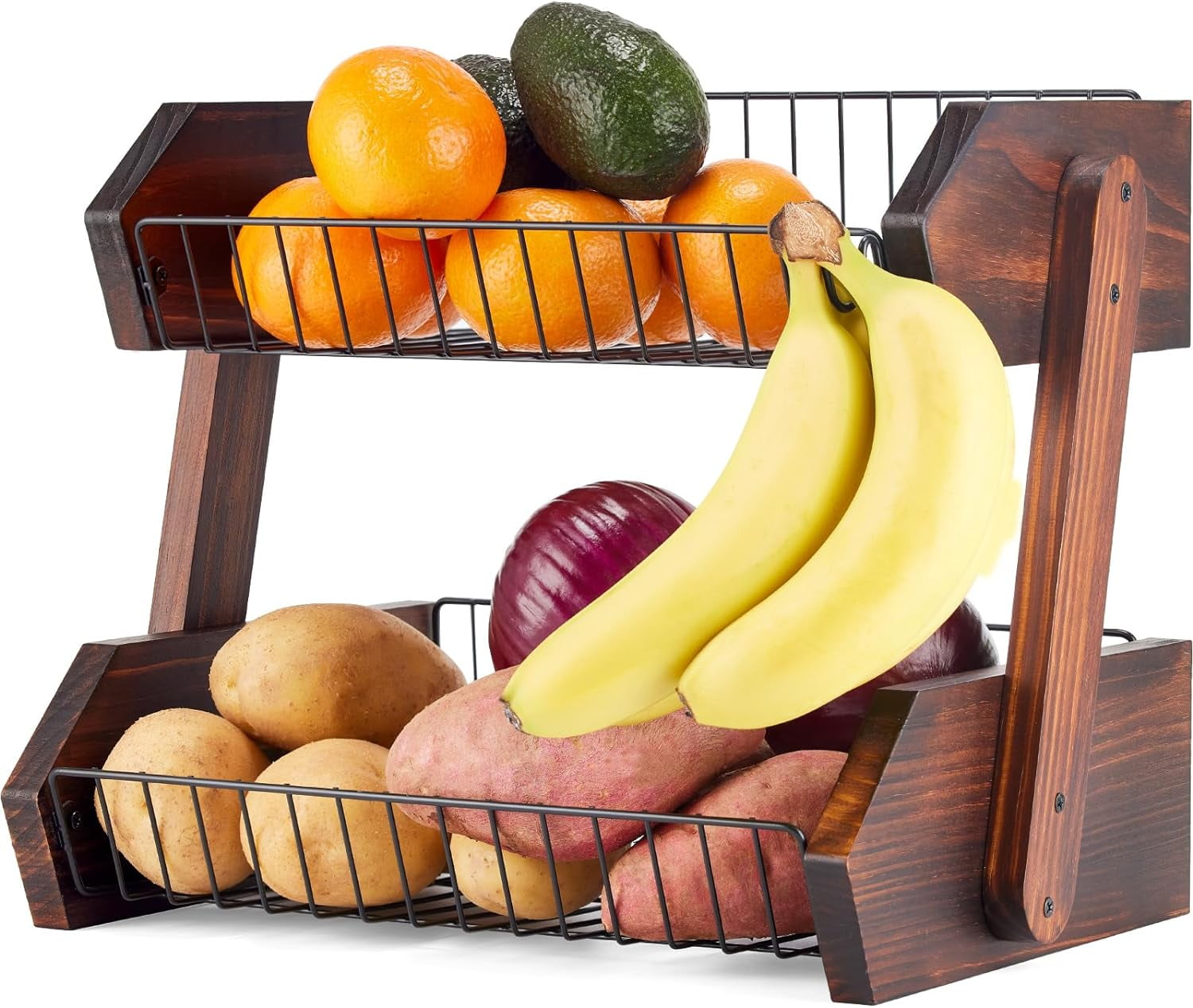 Yangbaga Metal Mesh and Pine Wood 2 Tier Storage Basket, Piece Count 2 ...