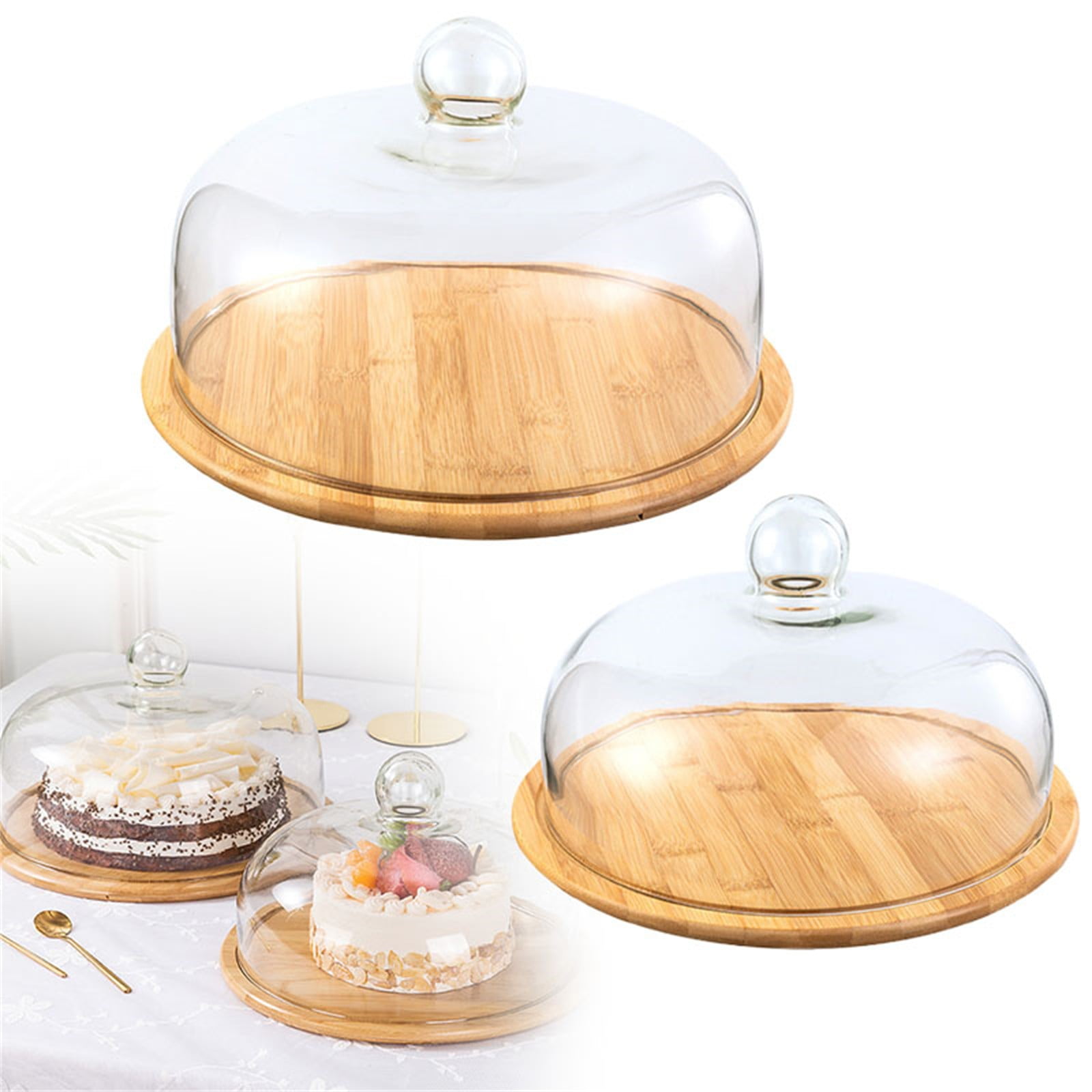 Yangee Wooden Round Top Cake Stand Glass Round Top Multi Purpose Cake ...