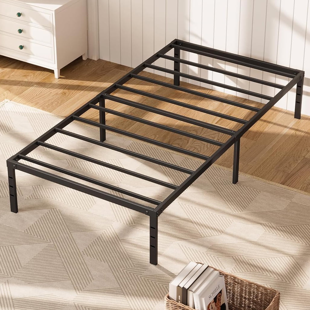 Yangming Twin Bed Frame No Box Spring Needed Heavy Duty Metal Platform Bedroom Frames Twin Size with Storage Space Black