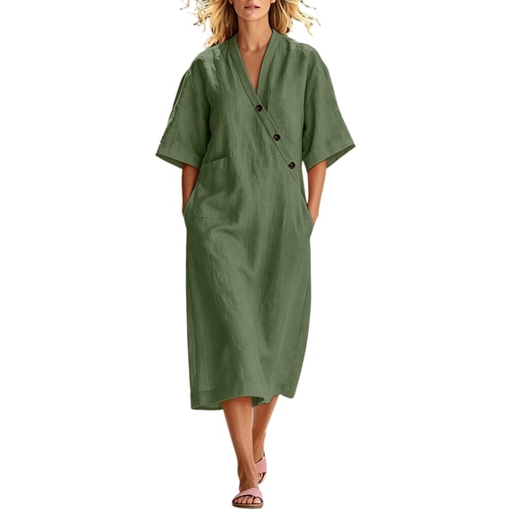 Yangnuo Women's Casual Linen Blend V-Neck Midi Dress, Short Sleeve ...