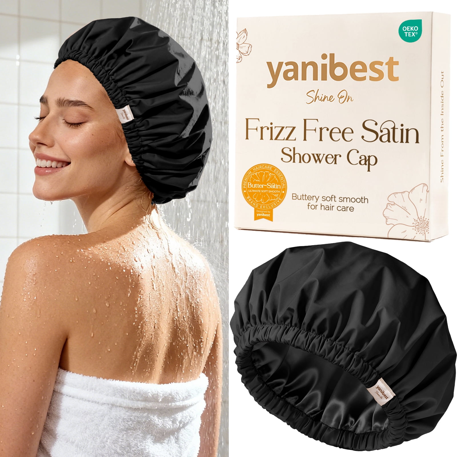Yanibest Satin Lined Shower Cap for Women Reusable Waterproof, Frizz ...