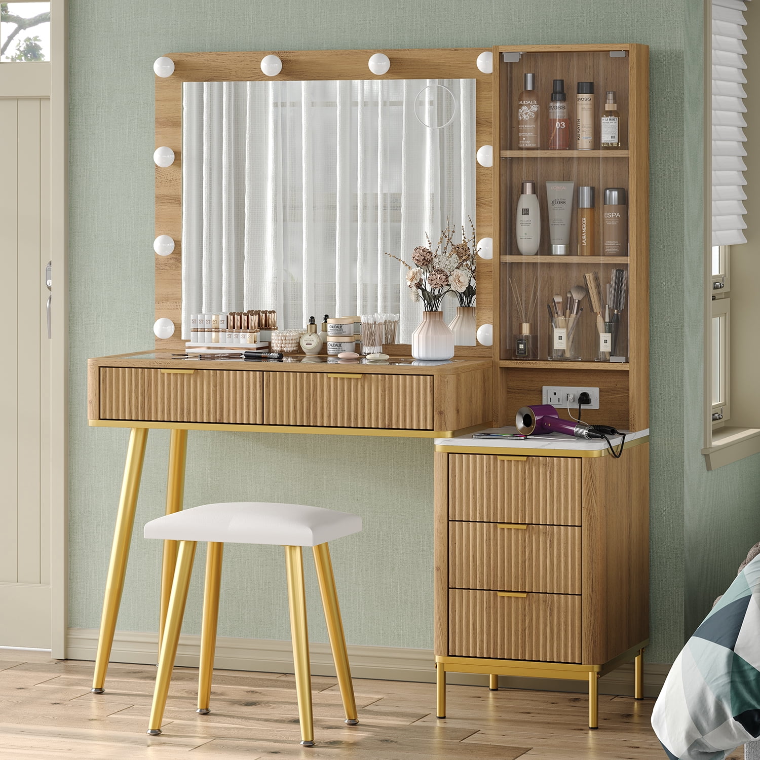 Yanosaku Fluted Vanity Desk With Mirror And Lights, 5 Drawers Makeup ...