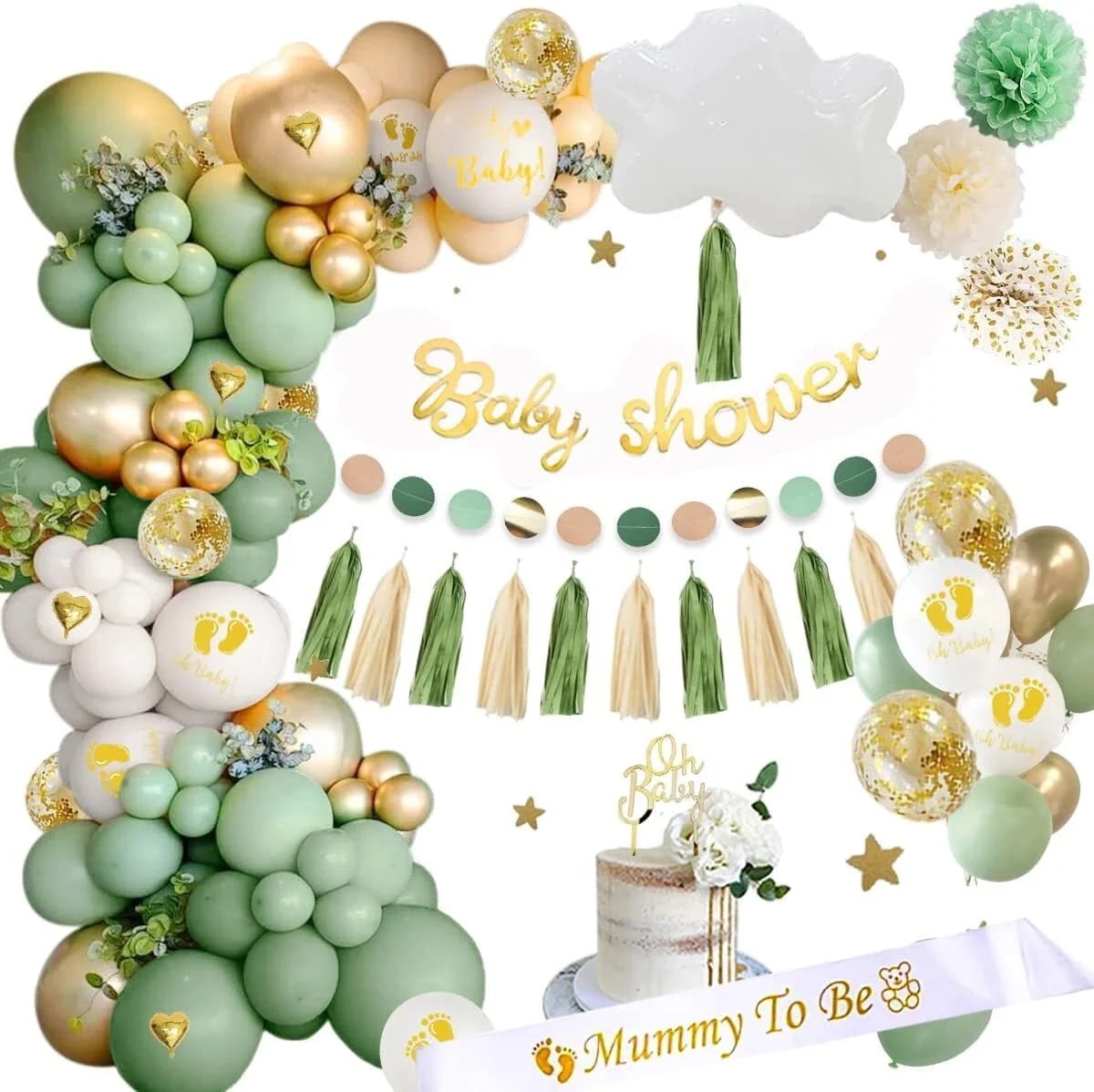 YANSION Baby Shower Balloon Arch Kit, Sage Green, Gender Reveal, 'Oh ...