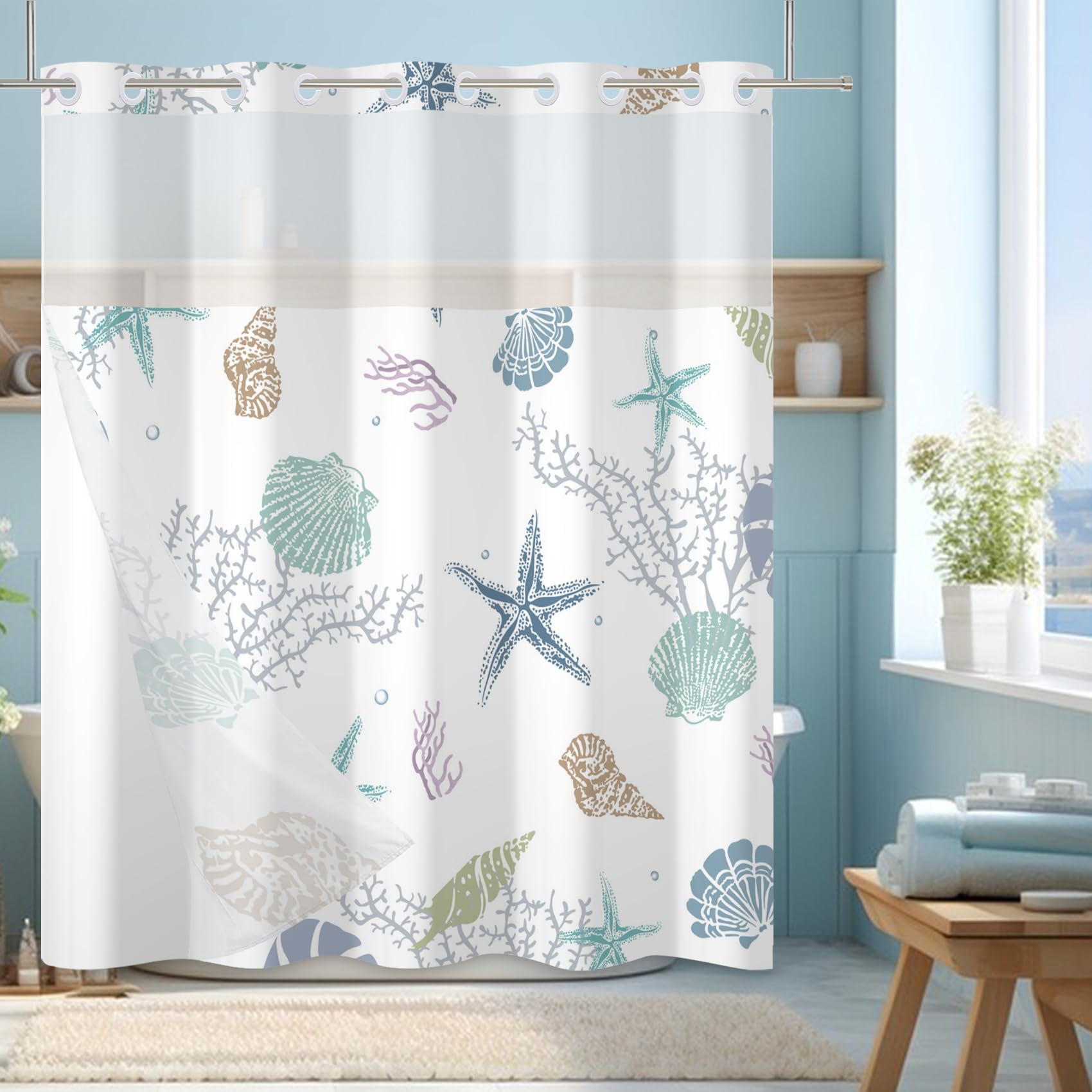 Yanutan No Hook Shower Curtain,Ocean Theme Double-Layered Shower ...