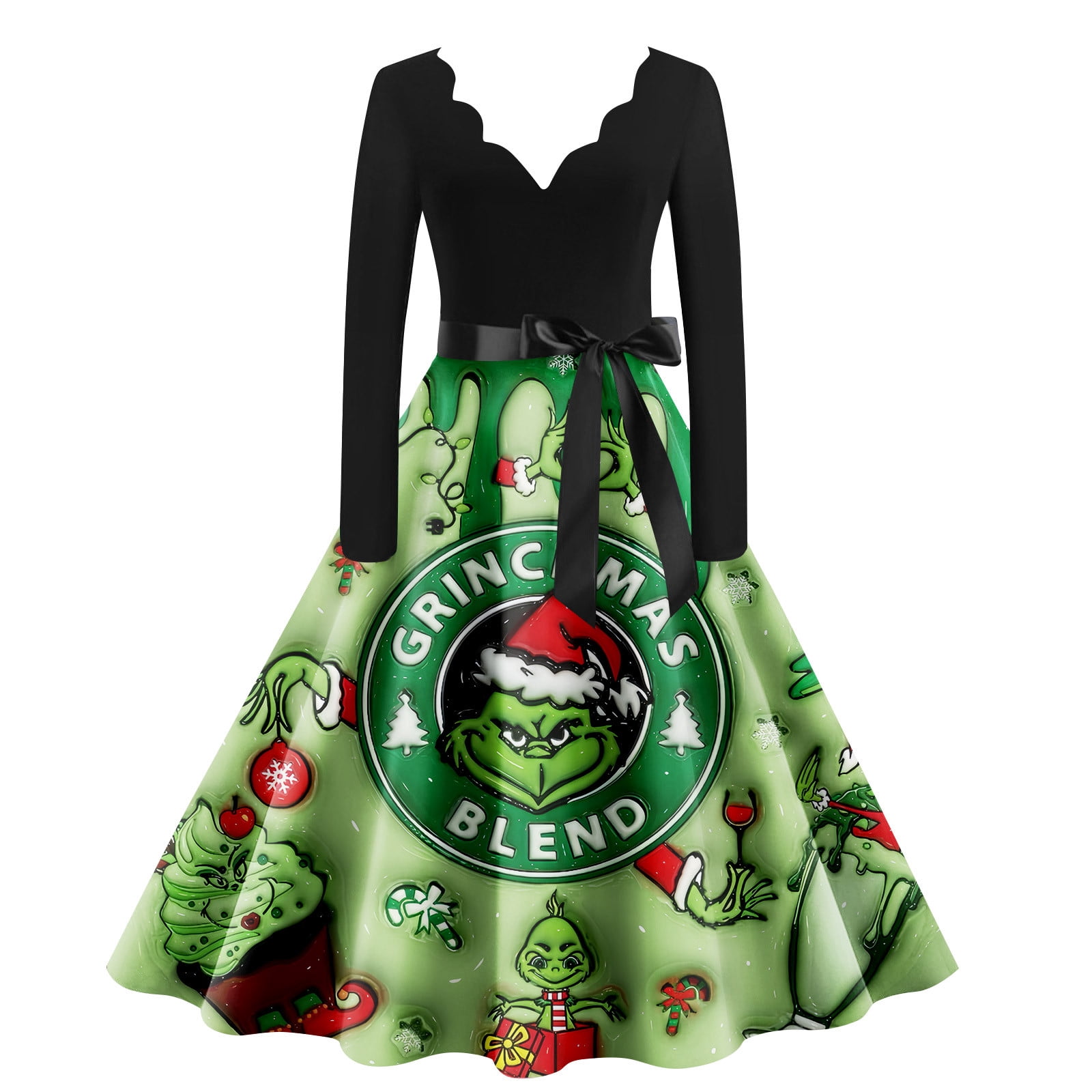 Yanxiao Women's Christmas Grinch Printed Audrey Hepburn Dresses ...