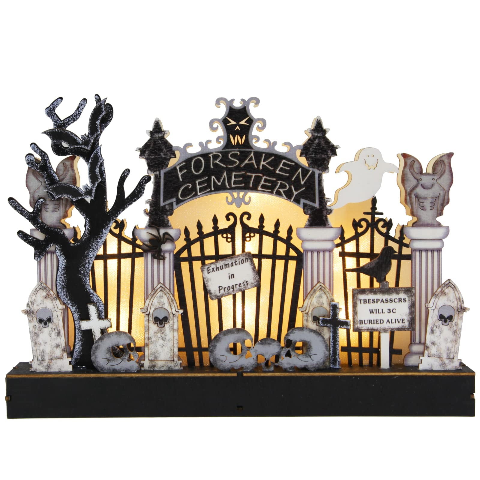 YaoZQ 1Pcs Light-Up Wooden Cemetery Scene. A Halloween Village Figurine ...
