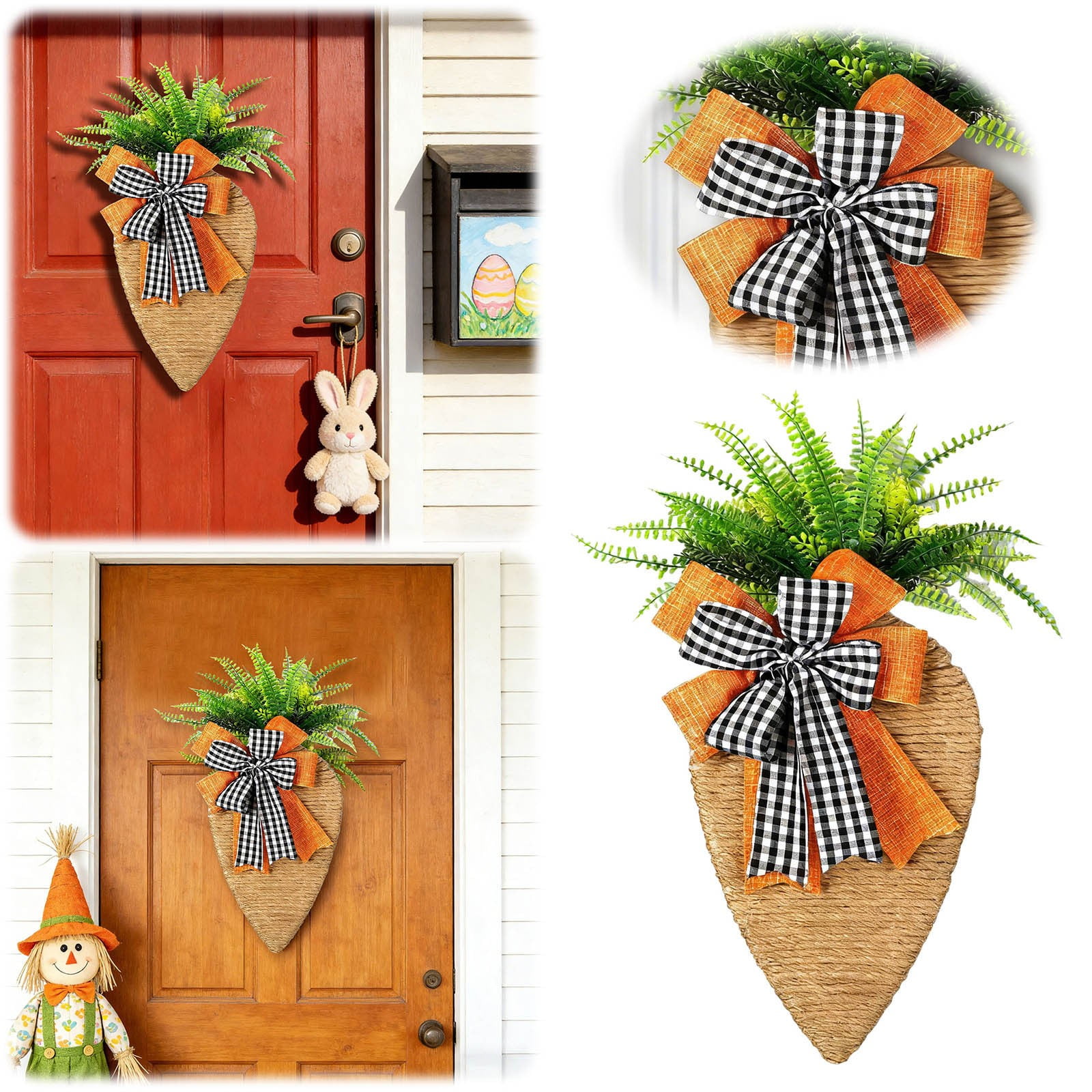YaoZQ Easter Carrot Wreath, Jute Rope Door Sign with Buffalo Plaid Bow ...