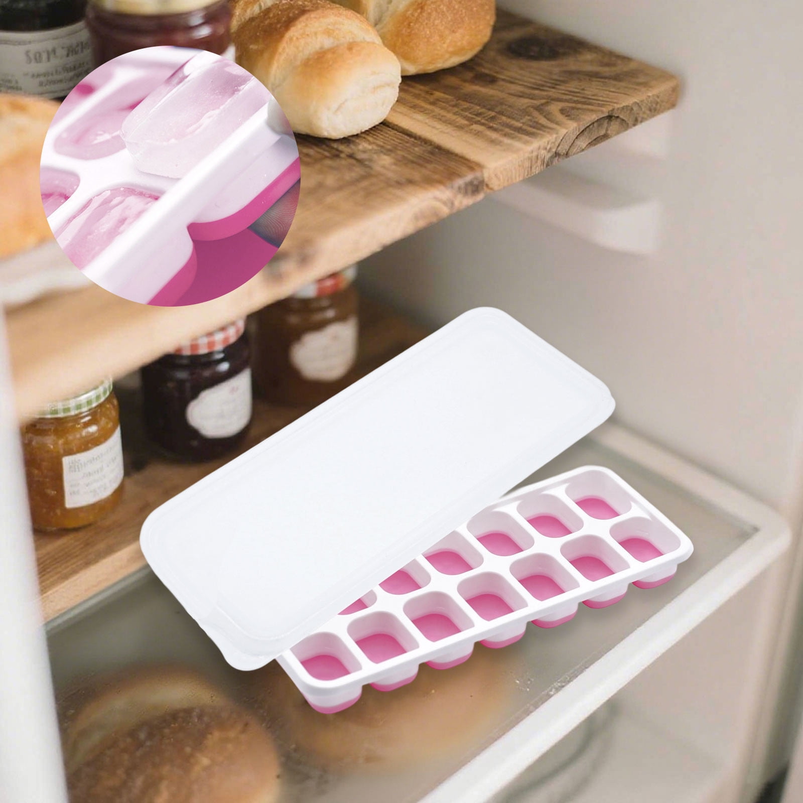 YaoZQ Pink Silicone Ice Cube Tray with Lid 14 Grid Square Ice Maker ...