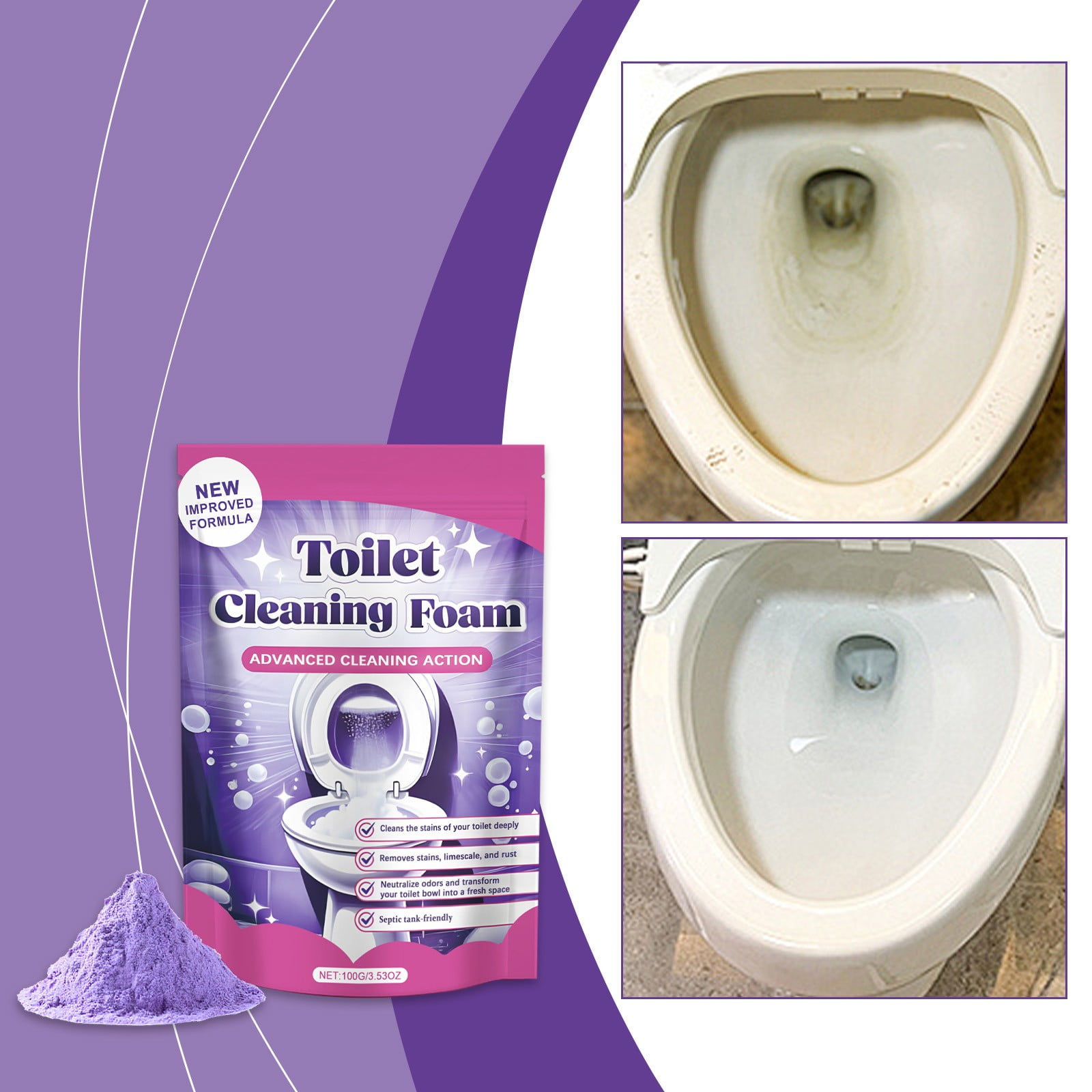 YaoZQ Purple Foaming Toilet Bowl Cleaner Powder Automatic Limescale ...