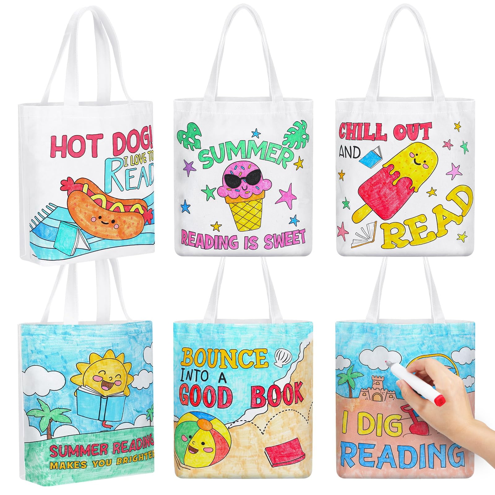 Yaomiao 12 Pcs Summer Reading Coloring Tote Bag Large Color Your Own I ...