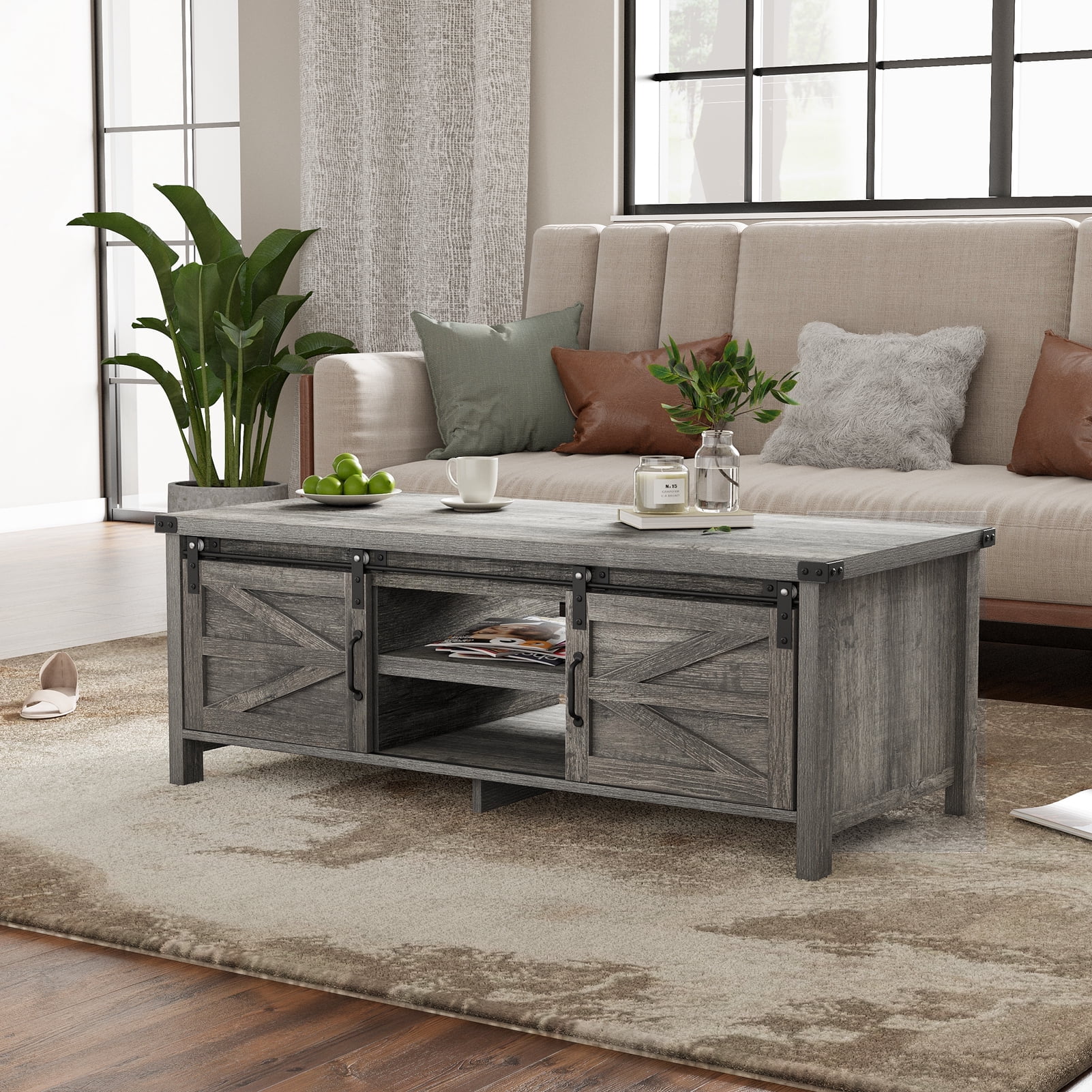 "Yaoping 48"" Rustic Wood Style Farmhouse Coffee Table with Sliding ...