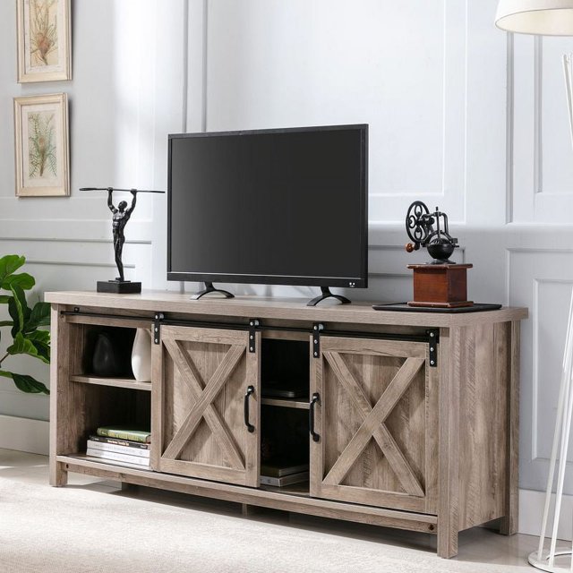 "Yaoping 58"" Oak Color Farmhouse Sliding Barn Door TV Stand for TVs Up ...