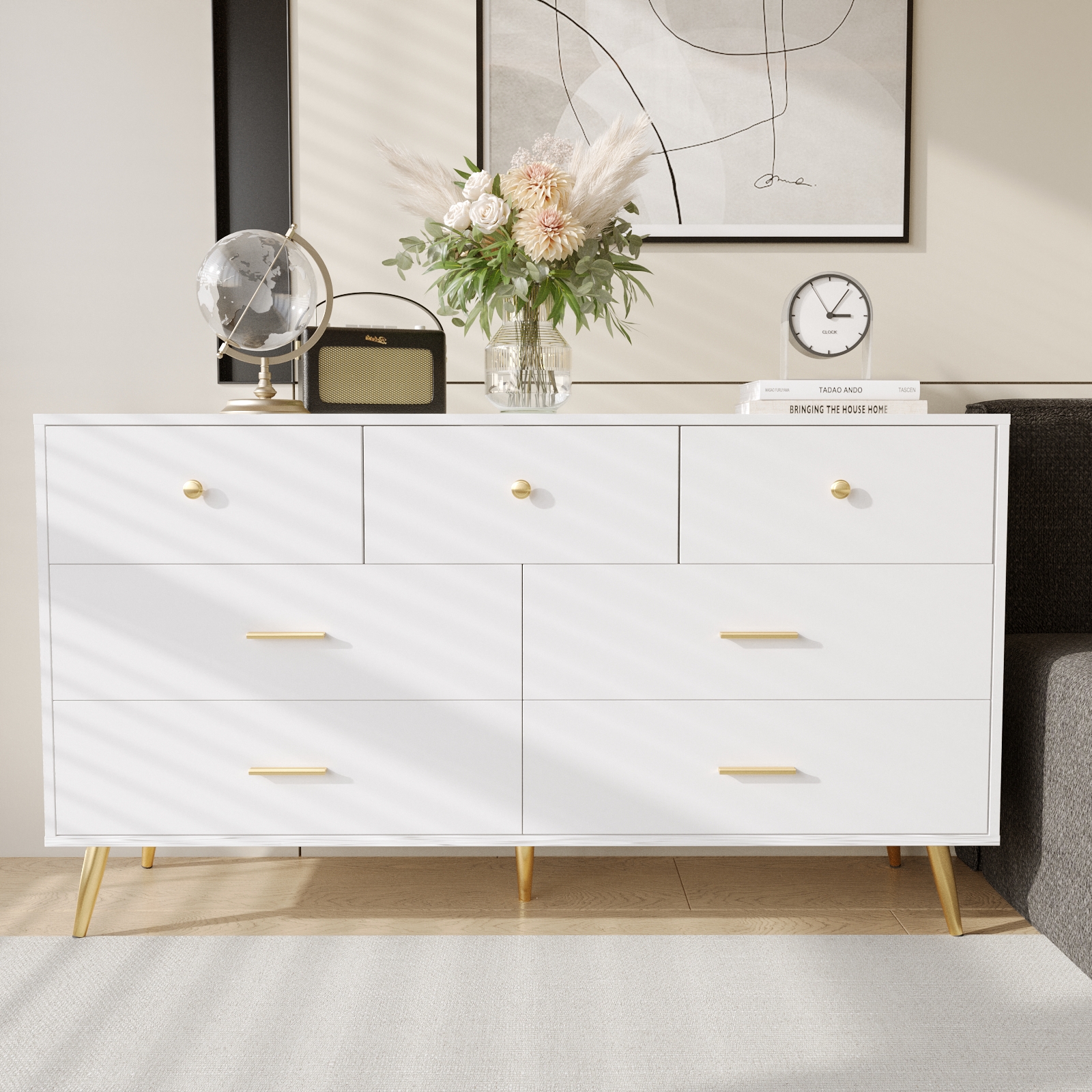 Benzara 7 Drawer Wooden Dresser with Metal Pulls and Bun Feet ...