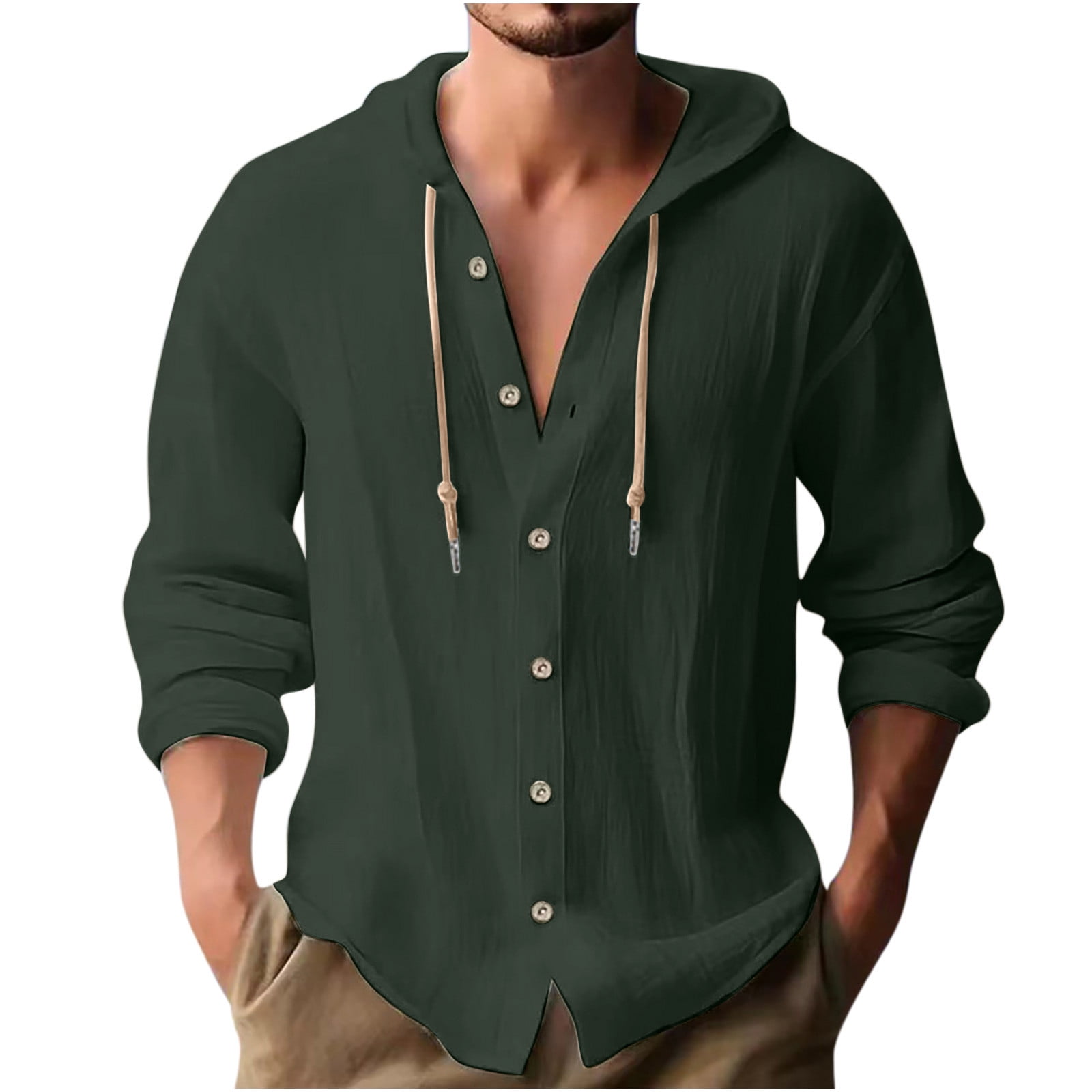 Yaoyar Cotton Linen Hoodie for Men Drawstring Hooded Button Down Beach ...