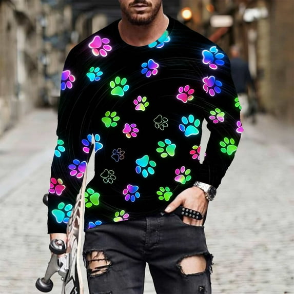 Yaoyar Men Funny Puppy Paw Print Long Sleeve Round Neck Pullover T ...
