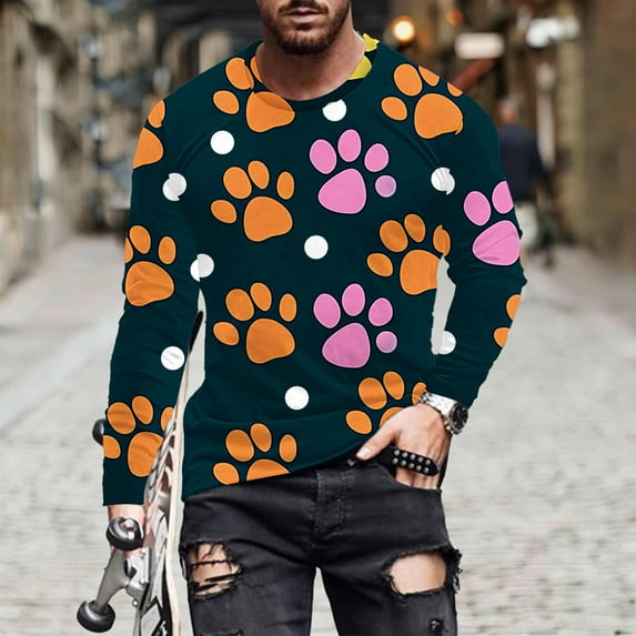 Yaoyar Men Funny Puppy Paw Print Long Sleeve Round Neck Pullover T ...