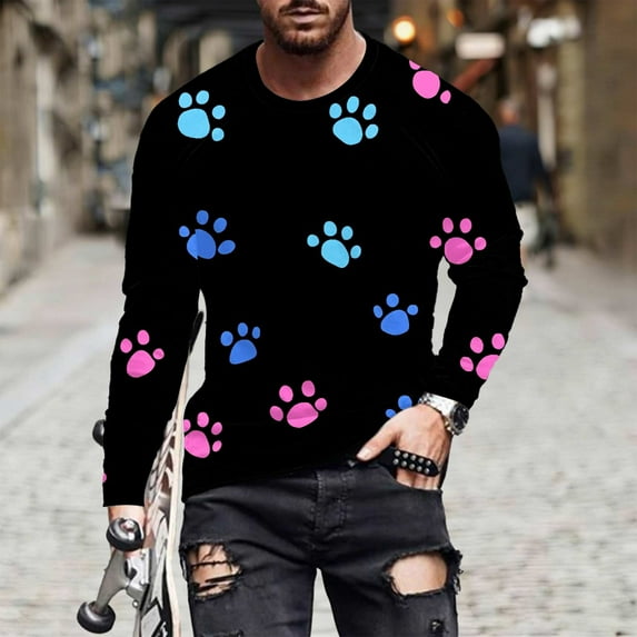 Yaoyar Men Funny Puppy Paw Print Long Sleeve Round Neck Pullover T ...