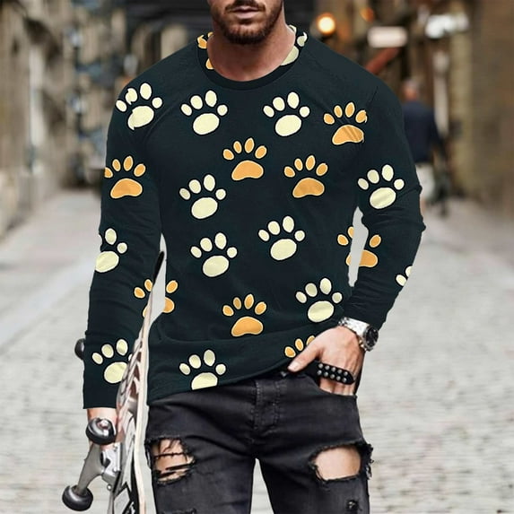 Yaoyar Men Funny Puppy Paw Print Long Sleeve Round Neck Pullover T ...