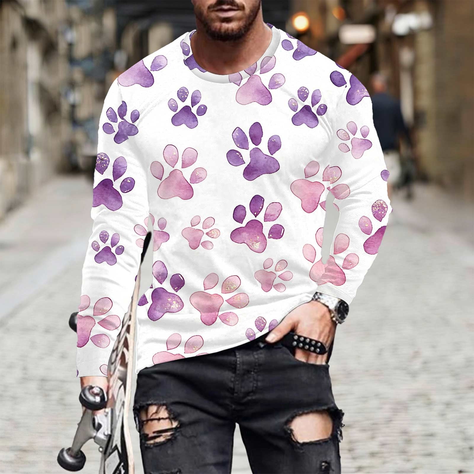 Yaoyar Men Funny Puppy Paw Print Long Sleeve Round Neck Pullover T ...