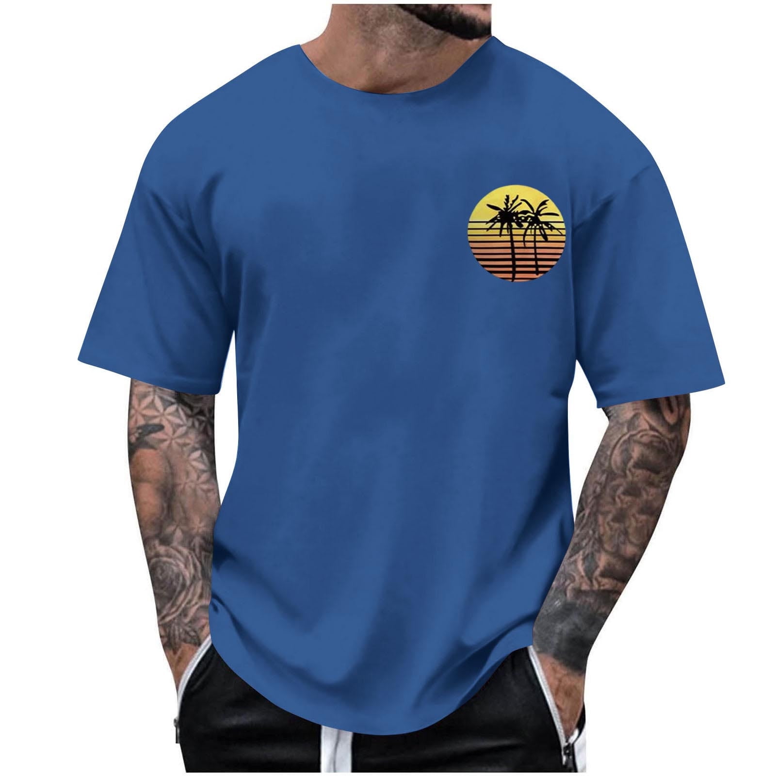 Yaoyar Men Tshirts Hawaiian Print Graphic Tees Crewneck Solid Color ...