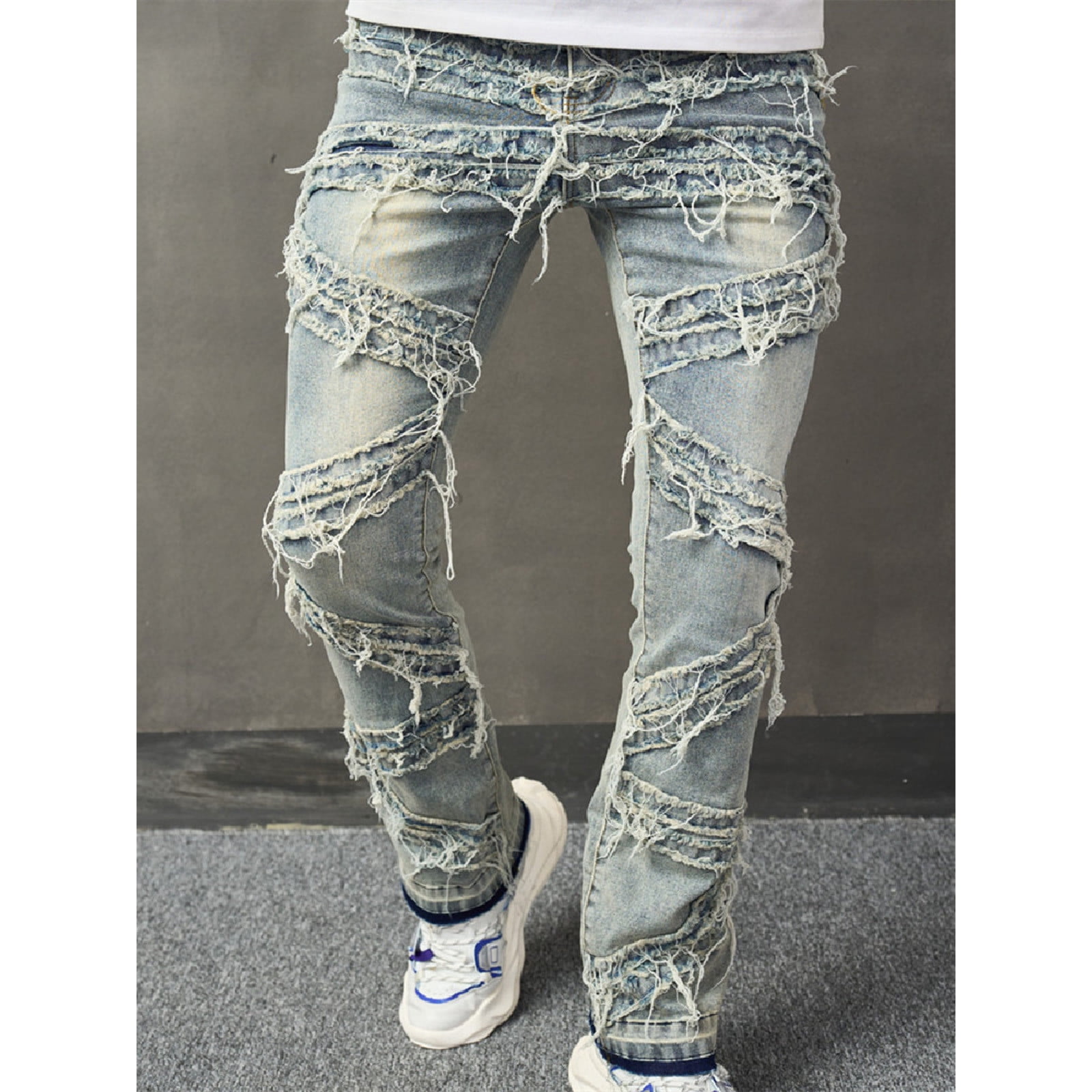 Yaoyar Men's Light Blue Quilting Ripped Jeans Zipper Wash Elastic Trend ...
