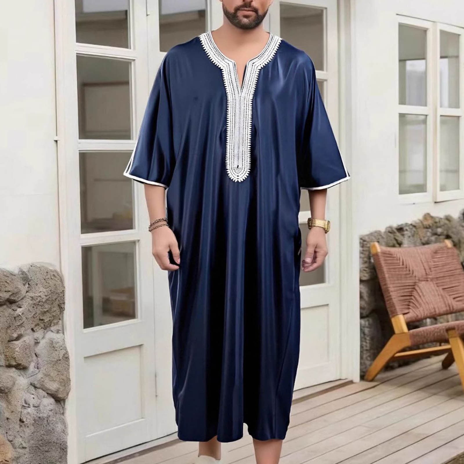 Yaoyar Mens Middle Eastern Traditional Robe Mid Sleeve Round Neck ...