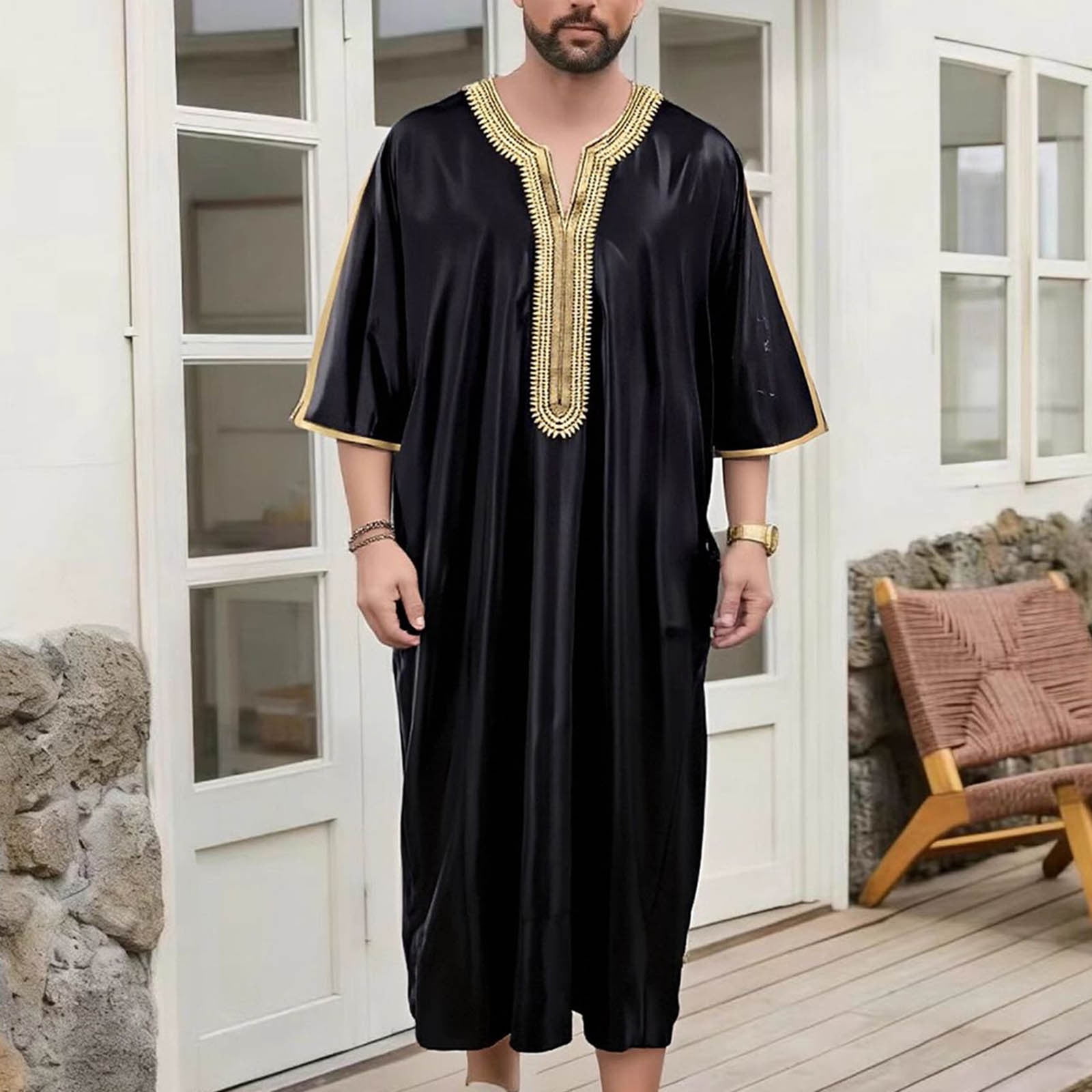 Yaoyar Mens Middle Eastern Traditional Robe Mid Sleeve Round Neck ...