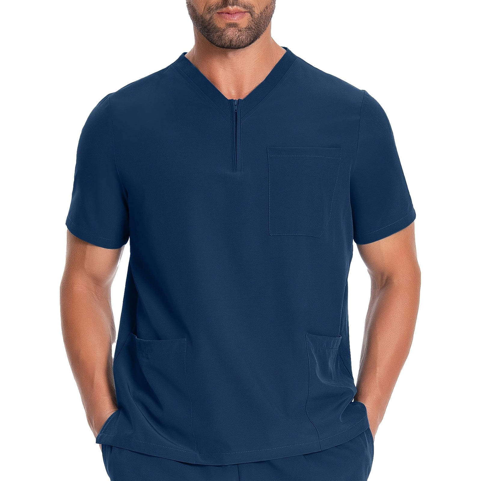 Yaoyar Mens Partial Zip V-Neck Scrub Top, Rib-Knit Panels, 2 Zip ...
