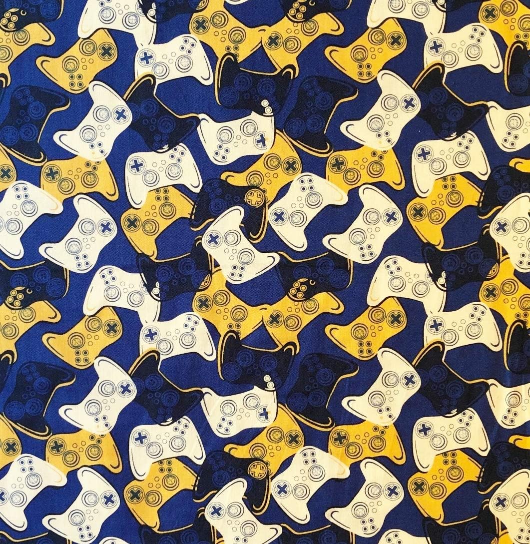 Yard - Game Controllers Tossed on Blue Cotton Fabric (Great for Quilting, Sewing, Craft Projects ...
