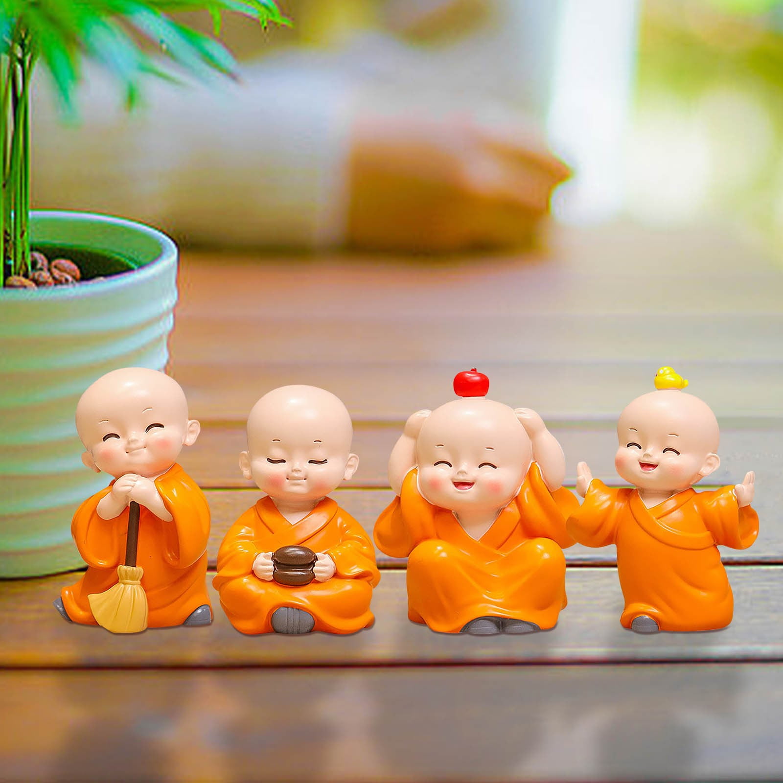 YardVibe Brazilian Wood Tray Decor Plant Ornaments, Cute Mini Monks ...