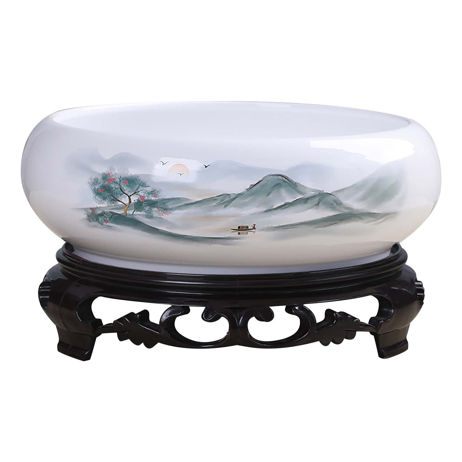 YardVibe White Ceramic Water Lotus Bowl Planter Pot with Stand 6.69 ...