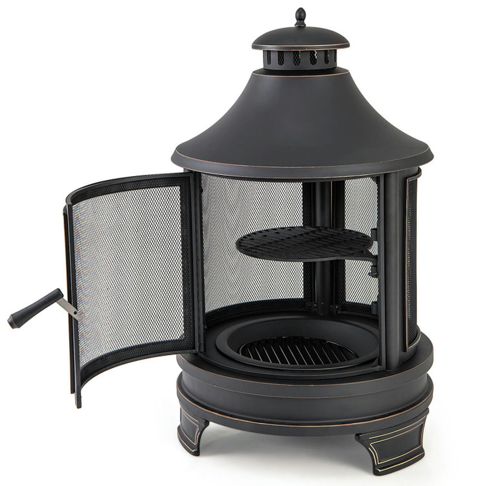 Yardi Yard 30 Inch Outdoor Fire Pit Chiminea with Grill for Garden BBQ ...
