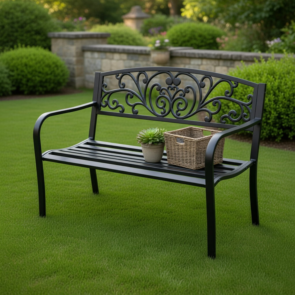 Yardi Yard 50 Inch Patio Park Steel Frame Cast Iron Backrest Bench ...