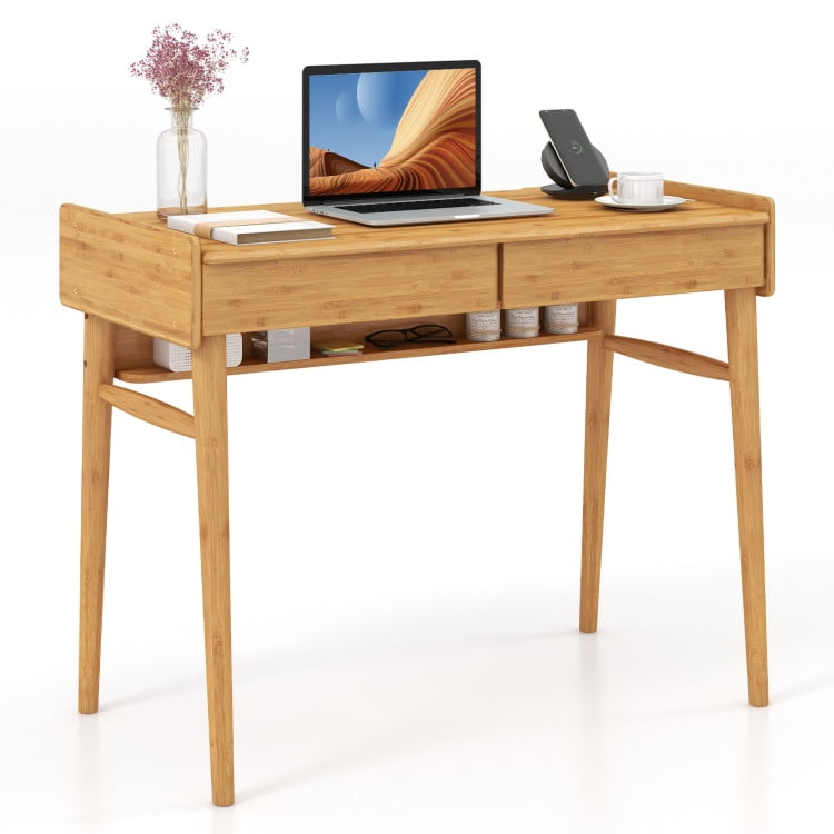 Yardi Yard Bamboo Writing Desk with 2 Storage Drawers and Open Shelf ...