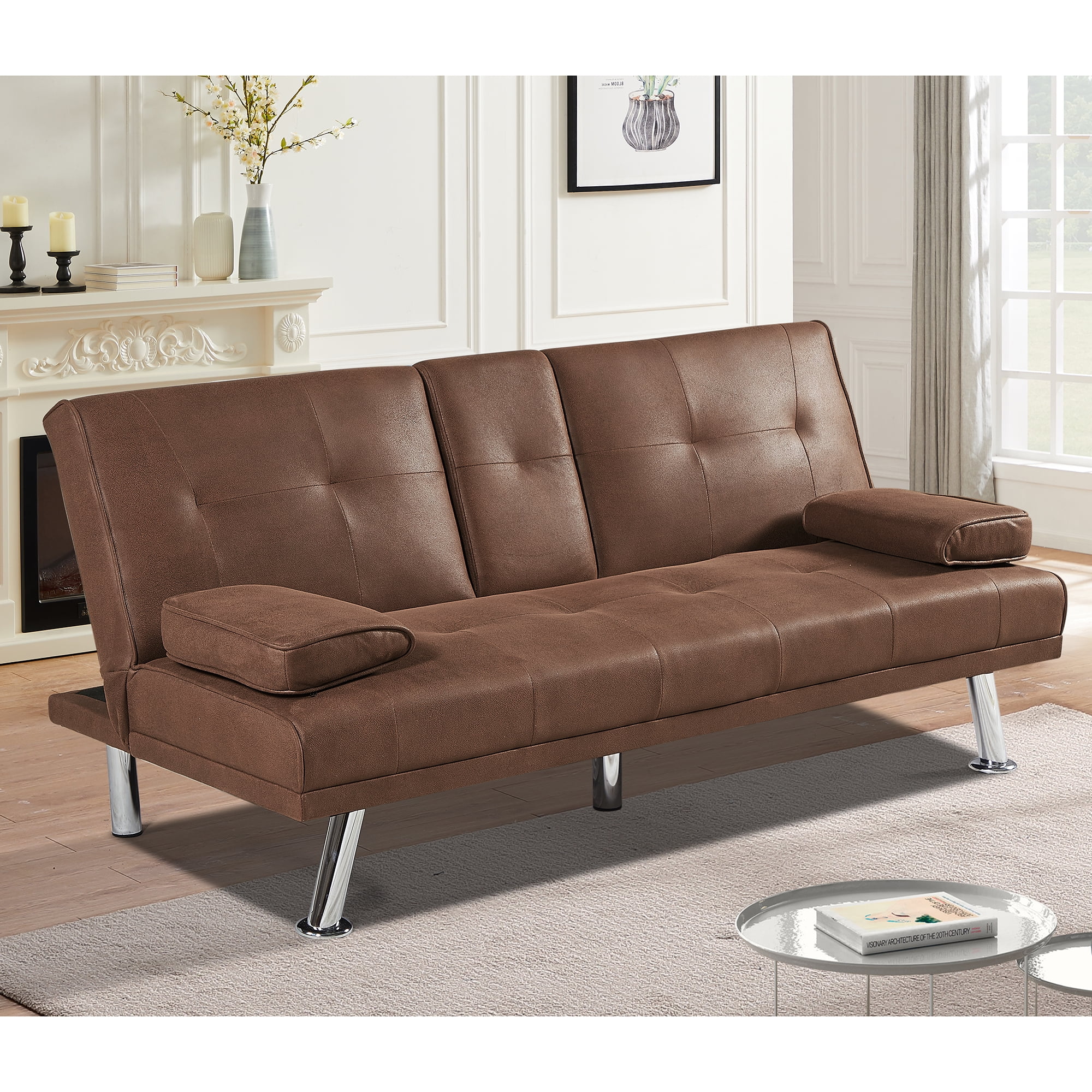 Yardi Yard Modern Leather Convertible Sofa Bed, Bronzing Suede Living ...