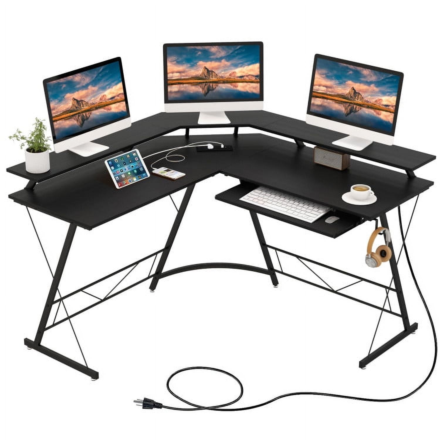 Yardi Yard L-shaped Computer Desk with Power Outlet and Monitor Stand ...