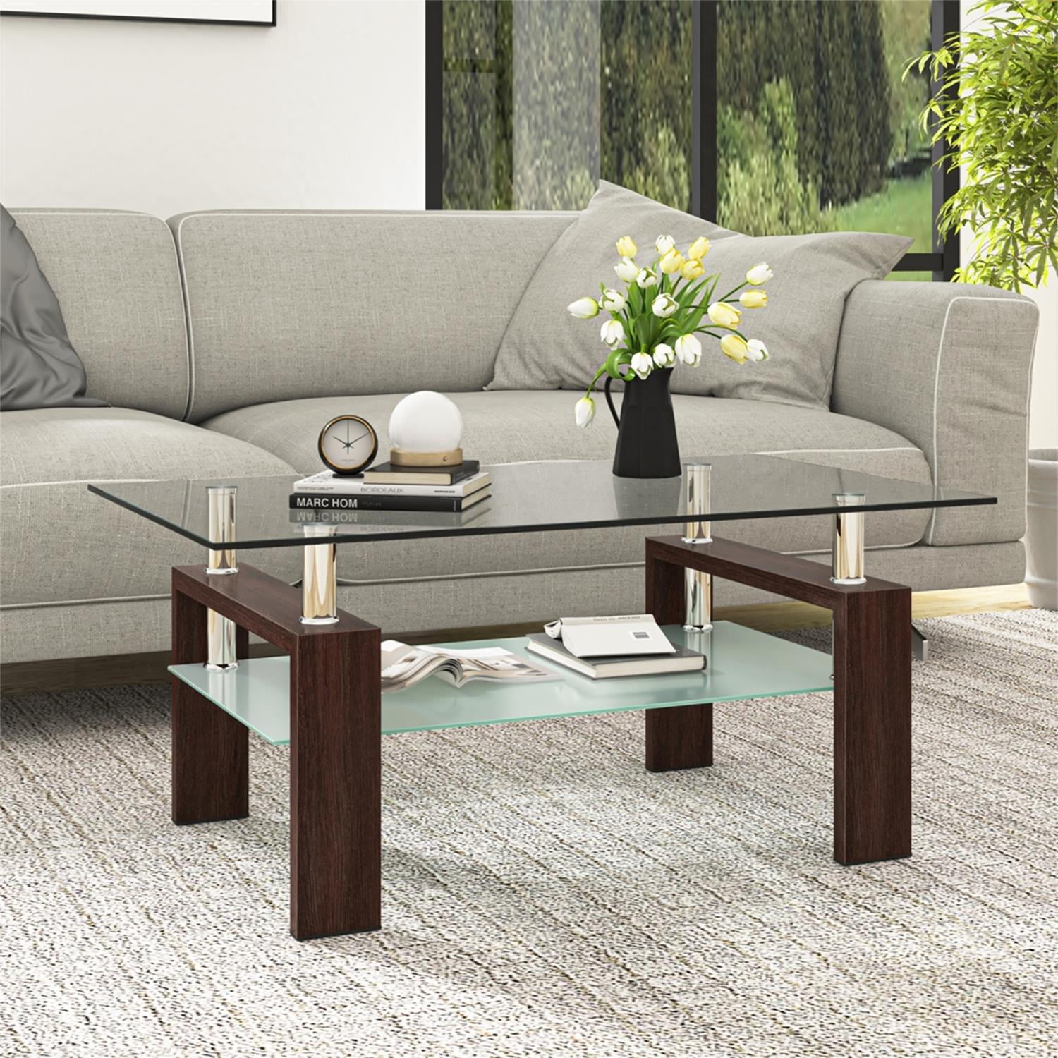 Yardi Yard Modern Tempered Glass Top Coffee Table with Storage Shelf ...