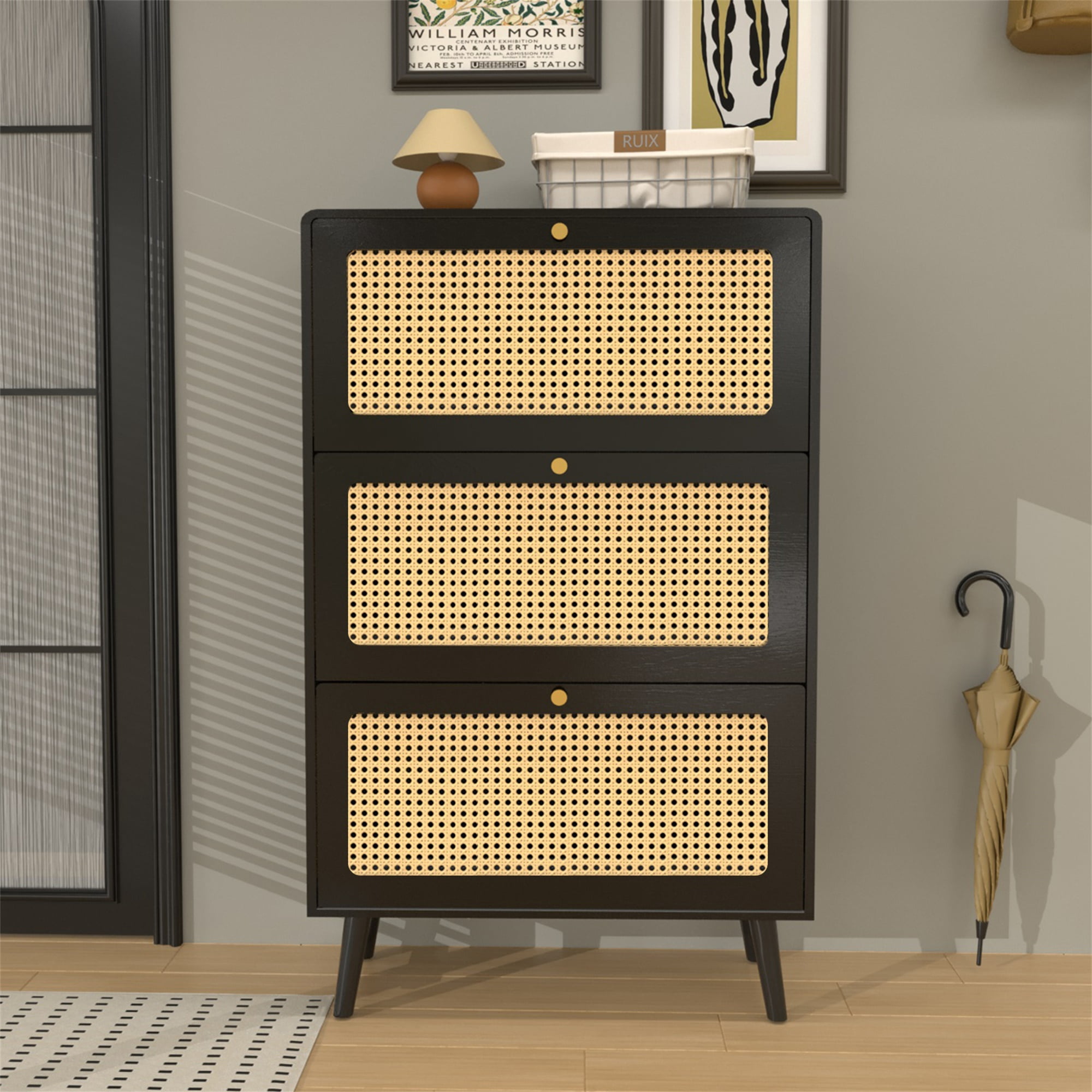 Yardi Yard Rattan Shoe Cabinet with 3 FILP Drawers, Freestanding Shoe ...