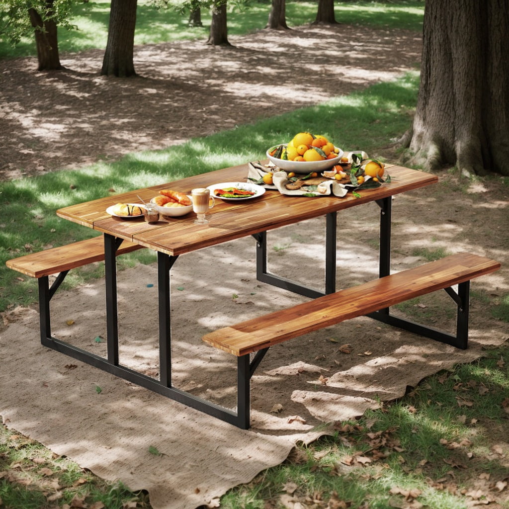 Yardi Yarda 6-Person Acacia Wood Picnic Table with 2 Built-In Benches ...