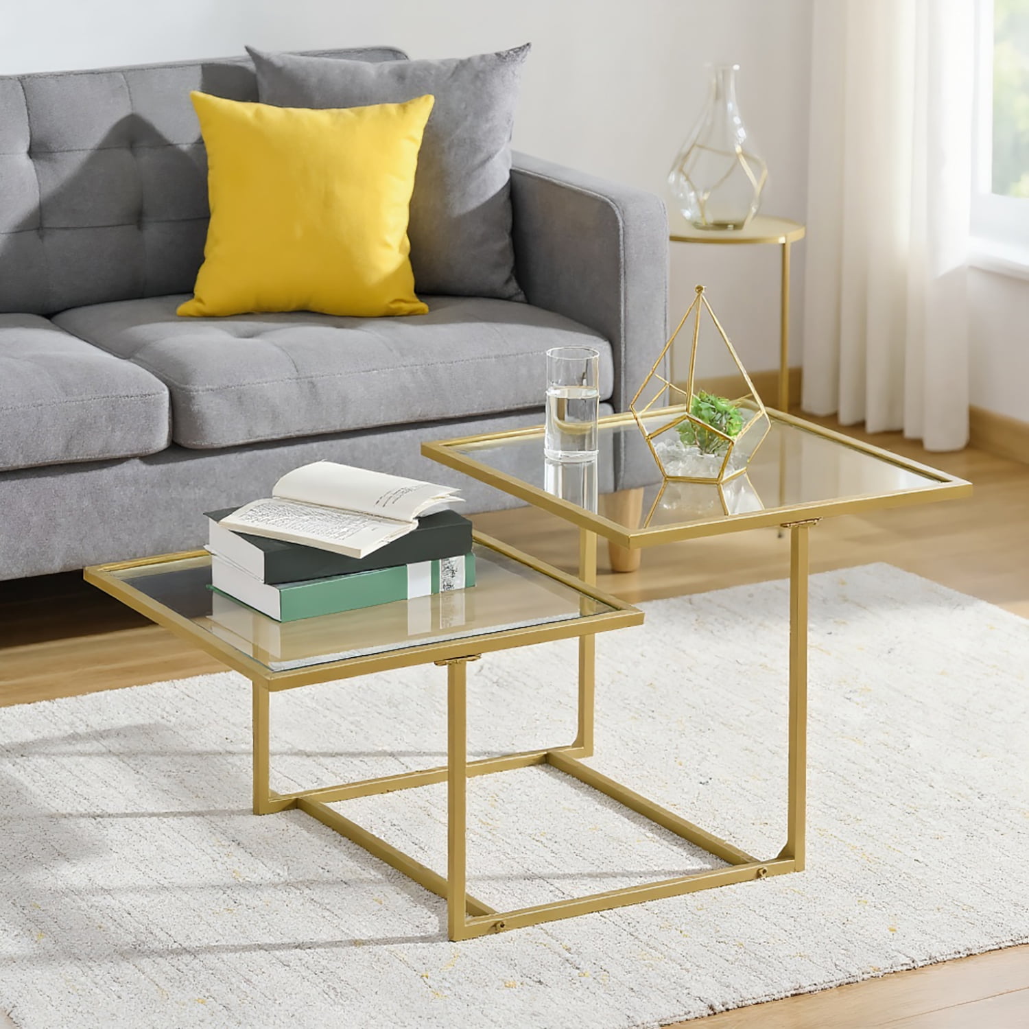 Yardi Yarda Coffee Table with 2 Square Tabletops, Tempered Glass Coffee ...